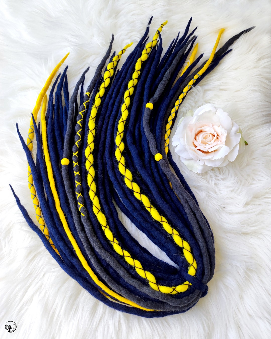 Navy Blue & Yellow Wool Dreadlocks Extensions, Full Set Double Ended ...