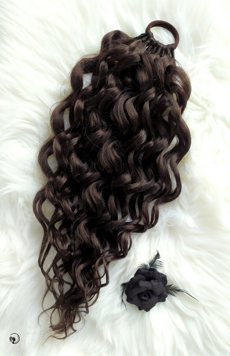 Brown Curly Ponytail Extensions Wavy Hair on Elastic Band | Etsy