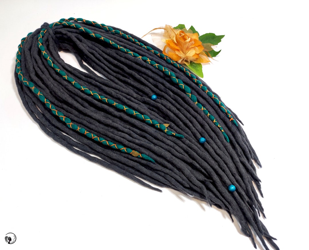 Full Set WOOL DREADLOCKS Extension, Grey and Green DREADS With Beads ...