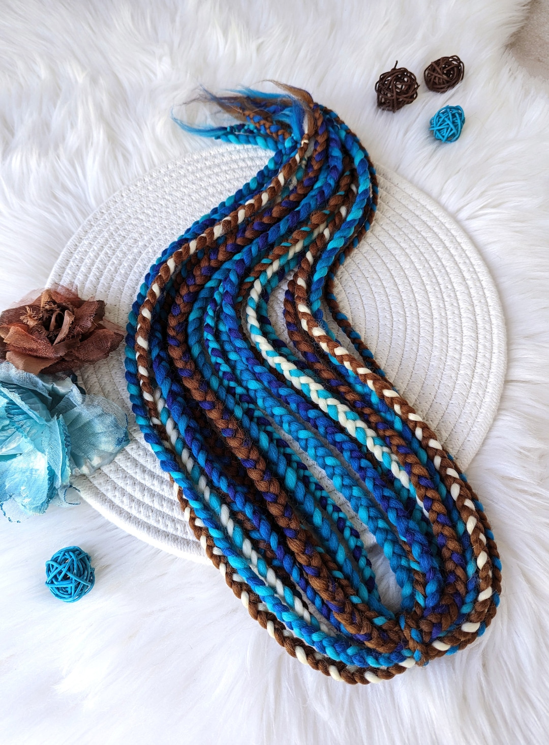 Blue Brown Wool Braids Extension, Turquoise Blonde Braided Dreadlocks ...
