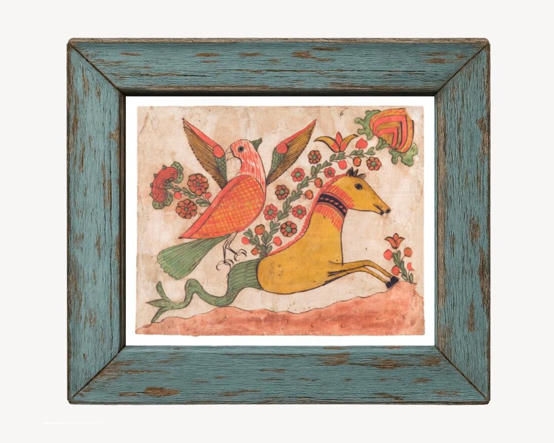 American Folk Art Fraktur Drawing Art Print, Horse Mermaid Painting ...