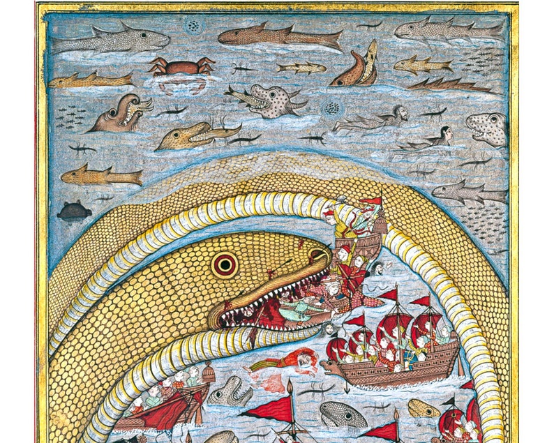 Medieval Sea Monster Art Print Sea Serpent Ships Antique - Etsy