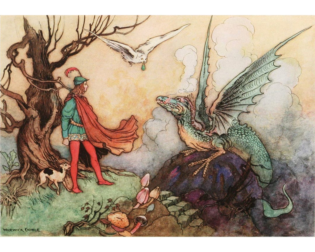 Fantasy Dragon Art Print, Vintage Dragon Print, Antique Storybook, Boy ...