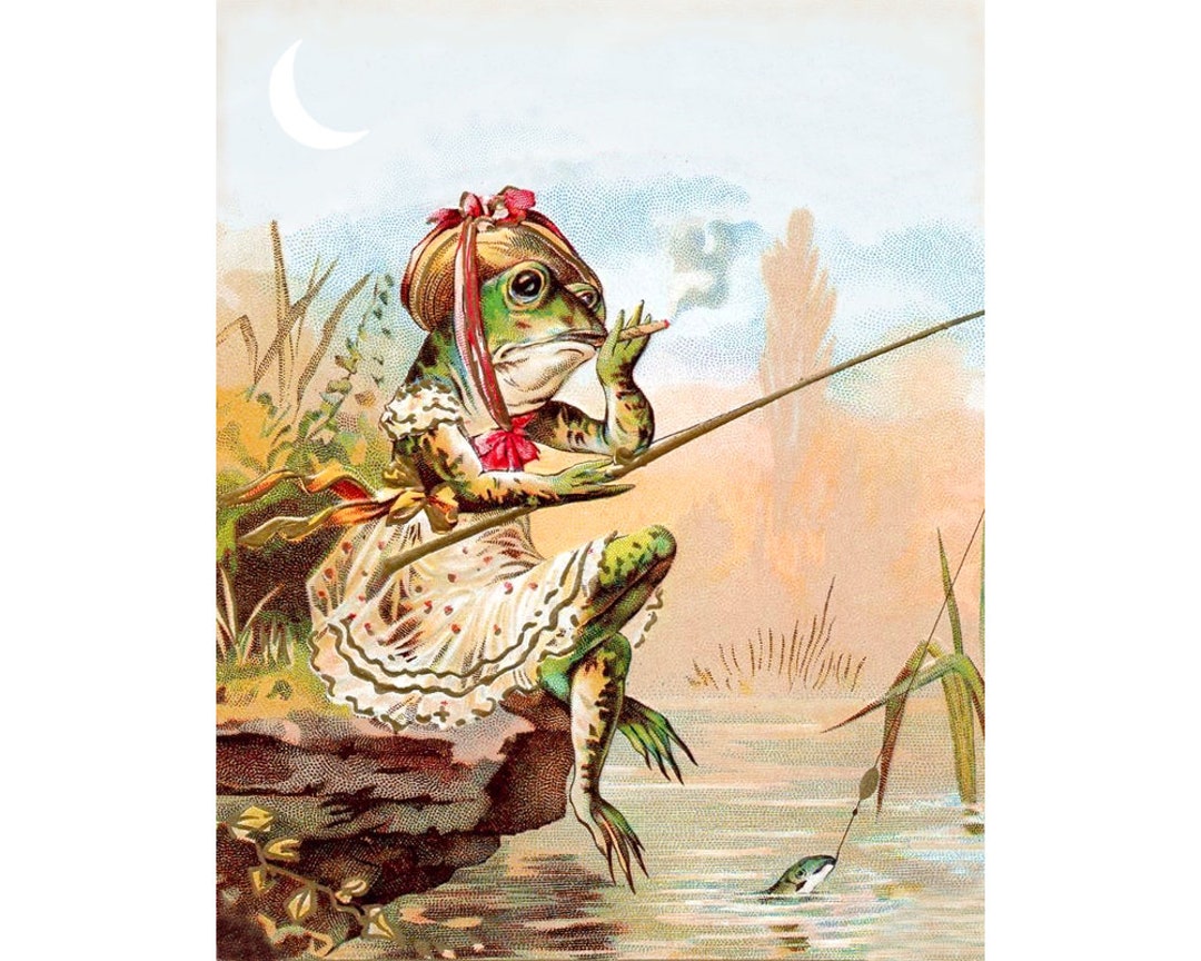 Vintage Lady Frog Art Print, Smoking Cigar and Fishing, Antique ...
