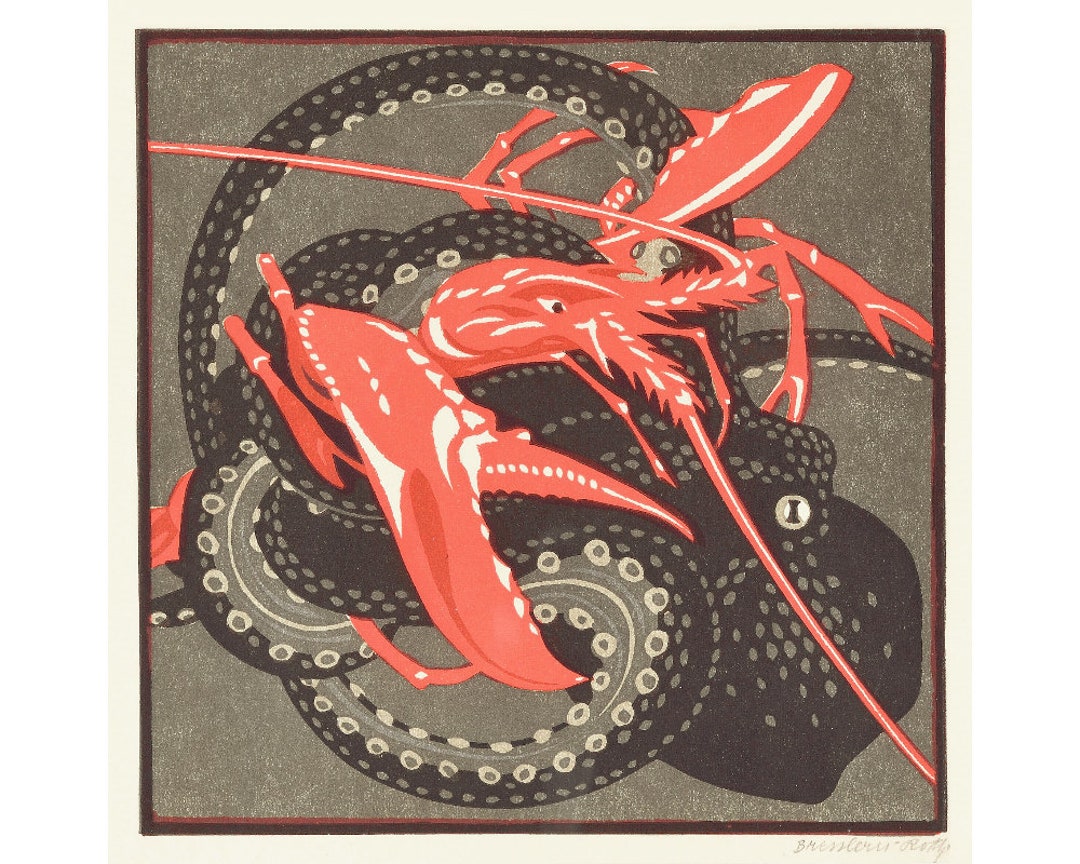 Vintage Octopus Art Print, Antique Color Woodblock, Black and Red ...