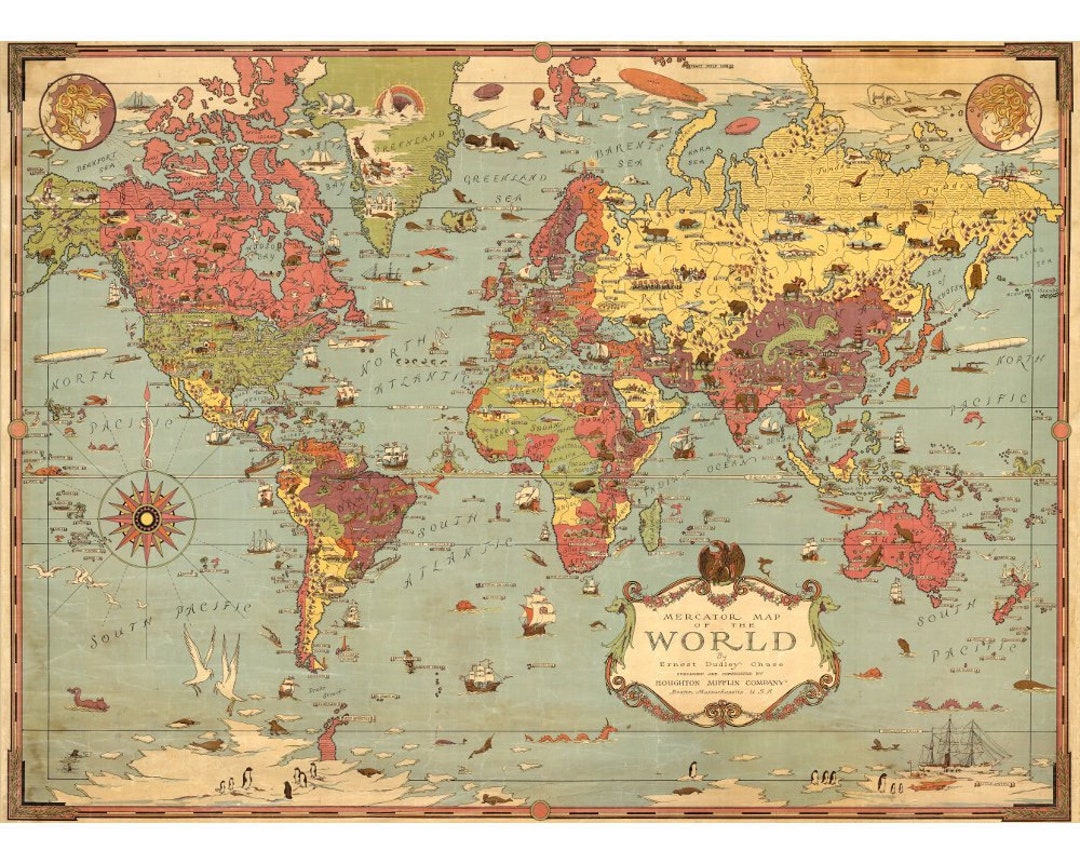 Pictorial World Map With Animals, Mercator Map of the World Art Print ...