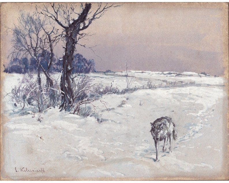 Vintage Wolf Painting Art Print Lone Wolf in a Winter - Etsy