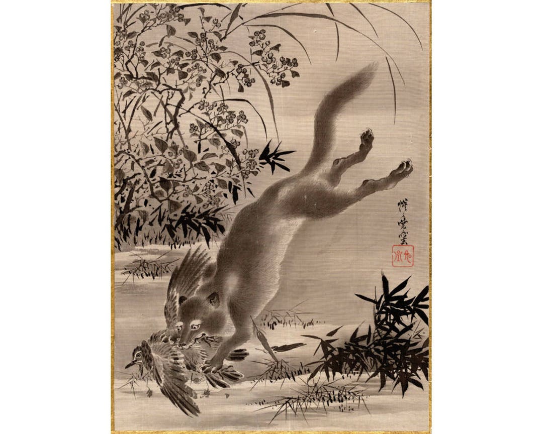 Antique Japanese Fox Painting Art Print, Vintage Asian Animal Wall Art ...