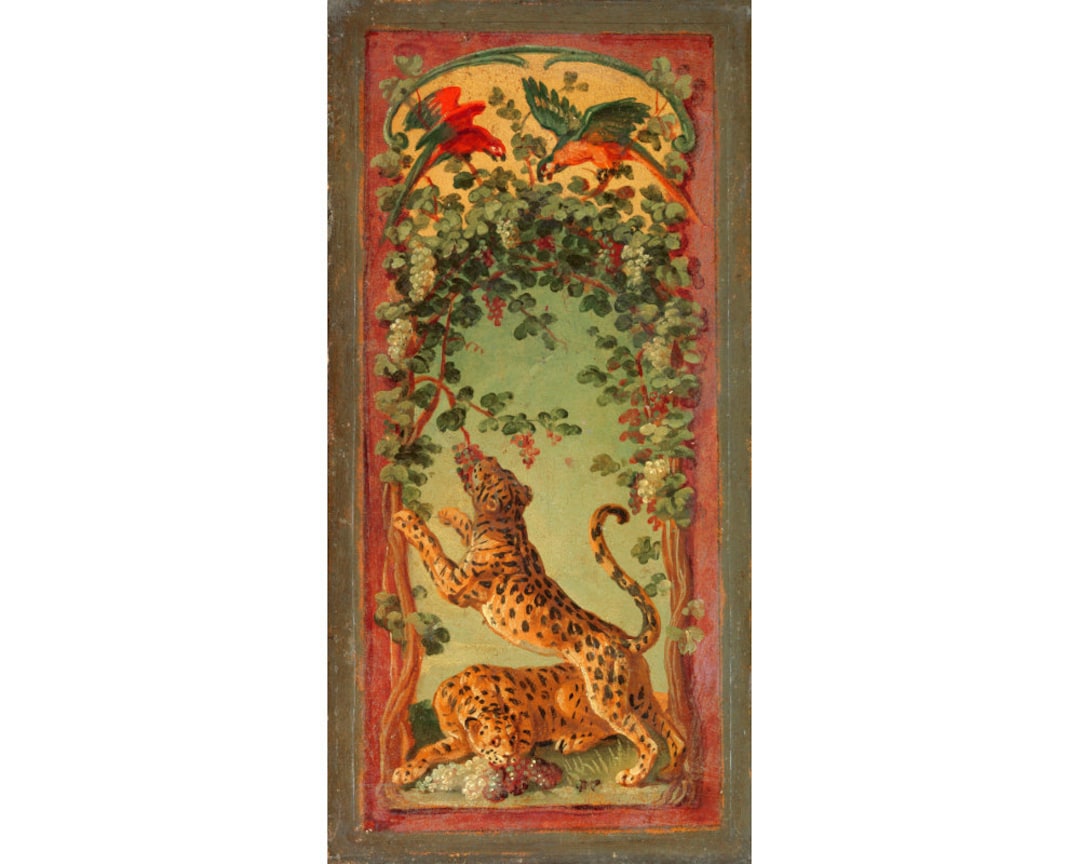 Panthers of Bacchus Eating Grapes, Antique French Animal Painting ...