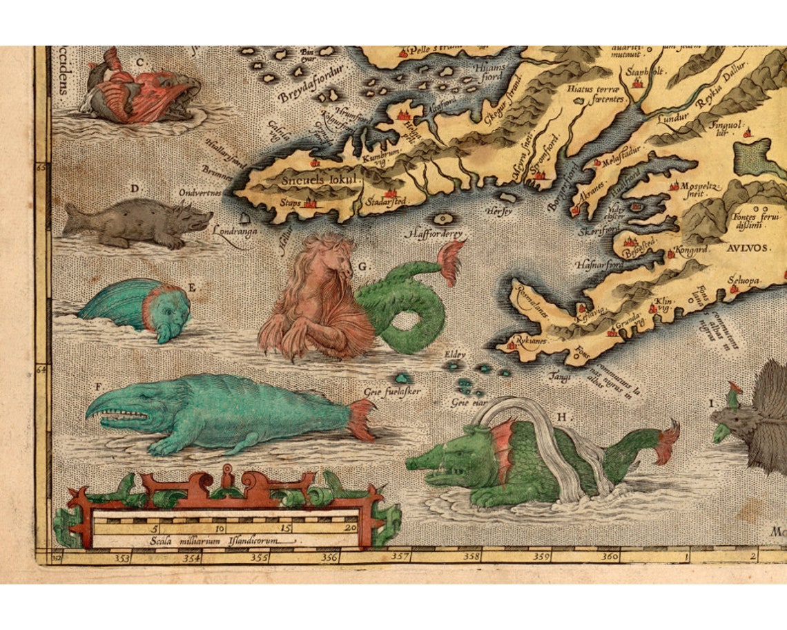 Medieval Map of Iceland, Sea Monsters, Antique Map Reproduction ...