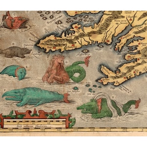 Medieval Map of Iceland, Sea Monsters, Antique Map Reproduction ...