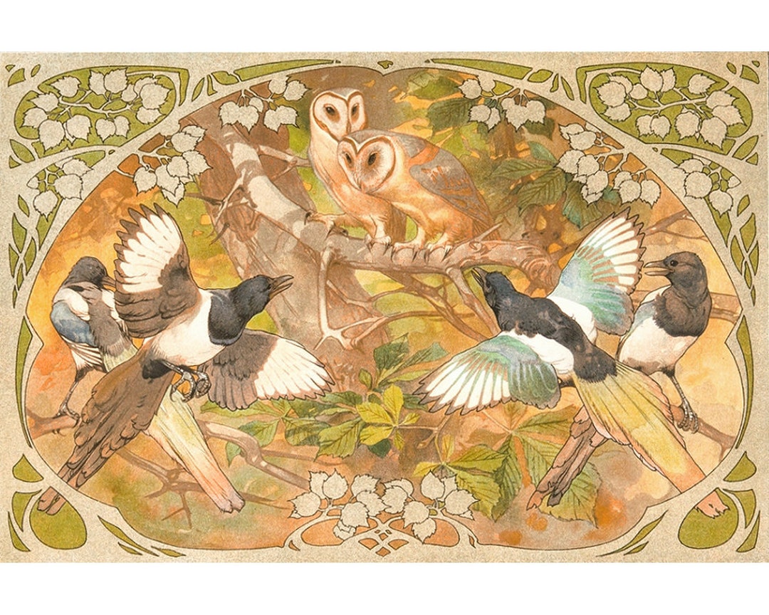 Magpies and Barn Owls Art Print, Art Nouveau Birds Design, Julius ...