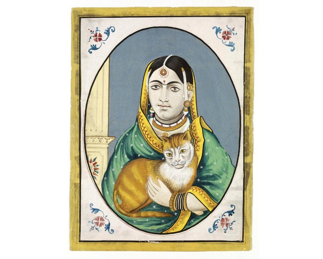 Indian Woman With Cat Art Print, Antique Portrait Painting, Cat Lady ...