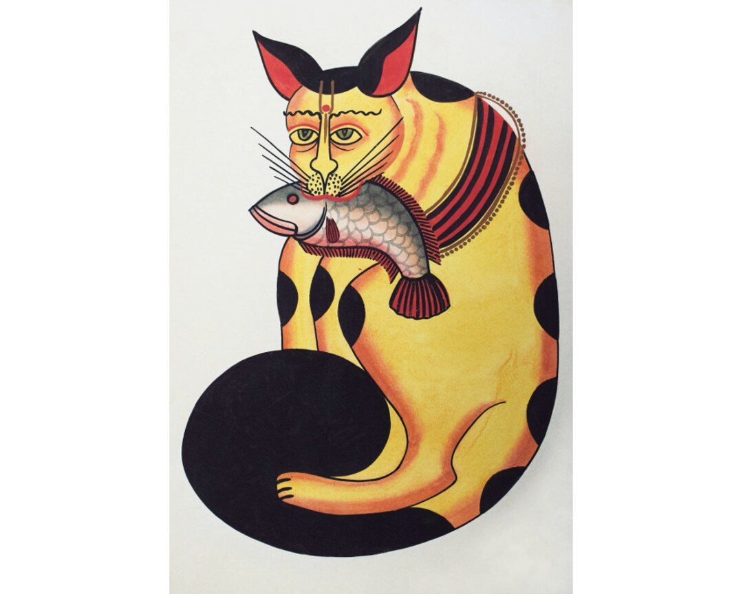 Kalighat Painting, Cat With Fish in Its Mouth, Antique Indian Folk Art ...