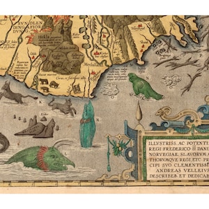 Medieval Map of Iceland, Sea Monsters, Antique Map Reproduction ...