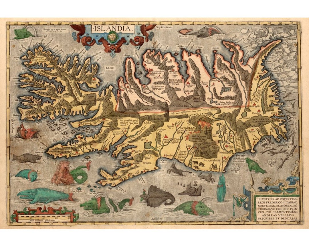 Medieval Map of Iceland, Sea Monsters, Antique Map Reproduction ...