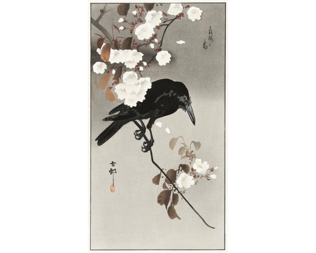 Crow and Cherry Blossoms Painting, Raven Art Print, Vintage Japanese ...