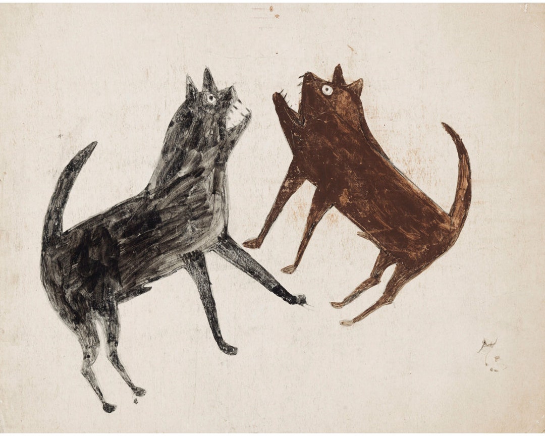 Bill Traylor Fighting Dogs Painting, Dog Fight, Folk Drawing, Outsider ...
