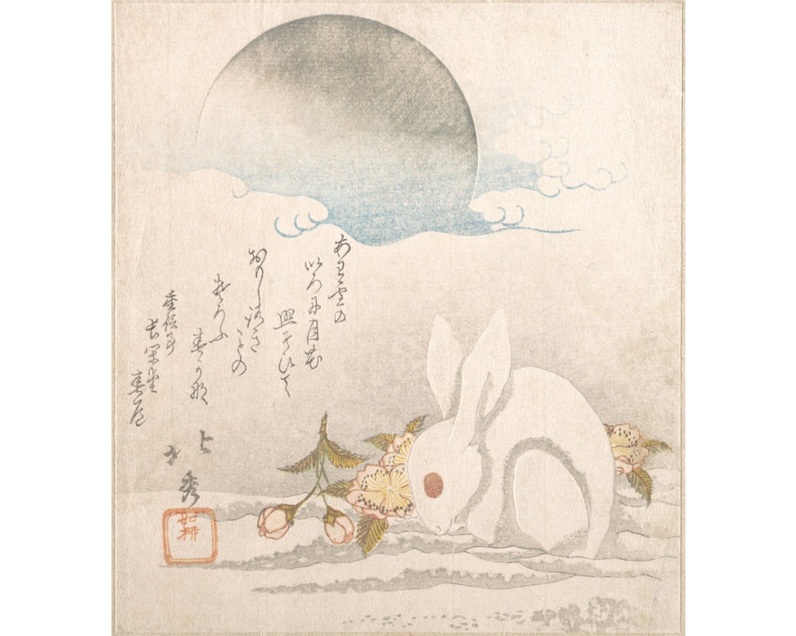 Japanese Rabbit Print Rabbit and Full Moon Rabbit in the - Etsy