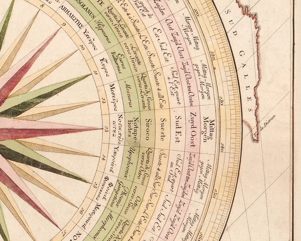 Antique Compass Rose Map Art Print, Vintage Map Wall Art, Maritime ...
