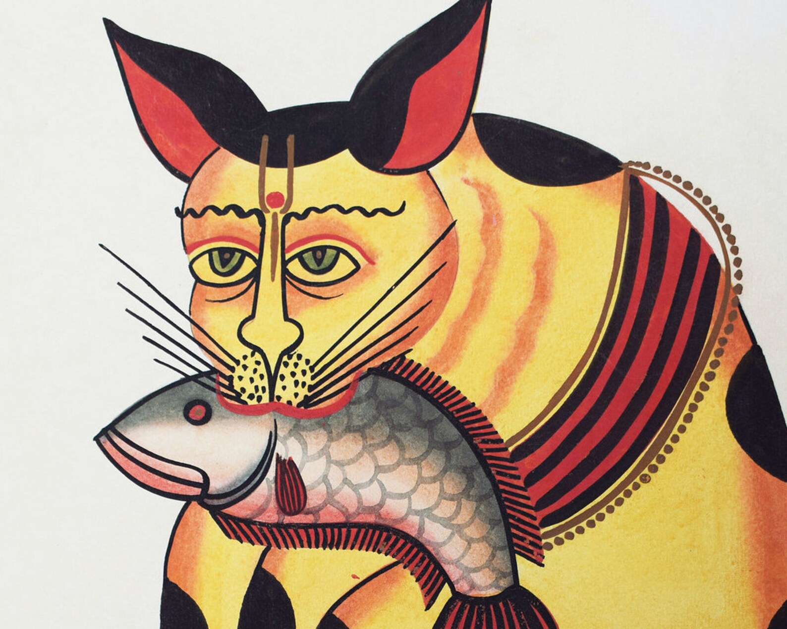 Kalighat Painting, Cat With Fish in Its Mouth, Antique Indian Folk Art ...