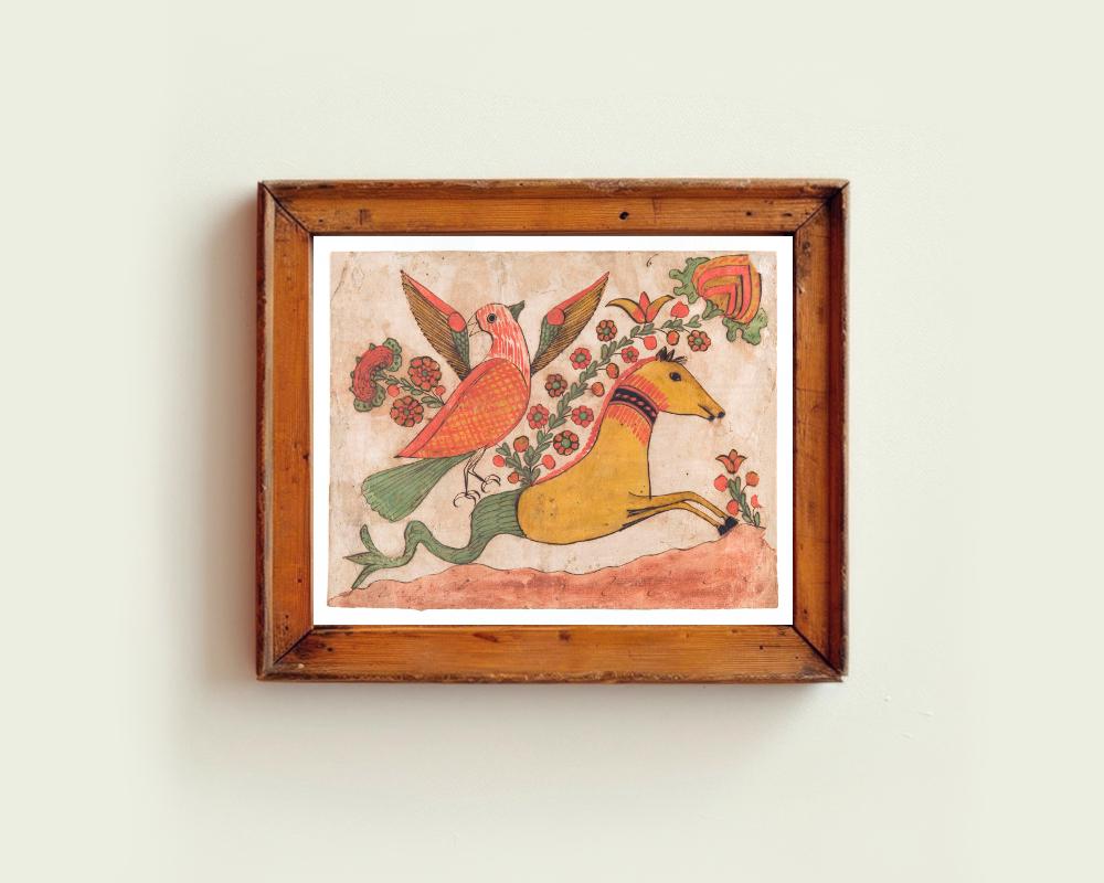 American Folk Art Fraktur Drawing Art Print, Horse Mermaid Painting ...