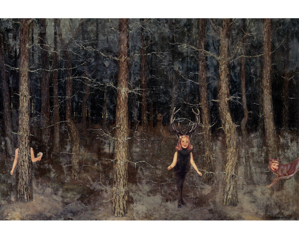 Wild Girls, Collage Art Print, Surreal Forest Fantasy Wall Art, Fairy ...