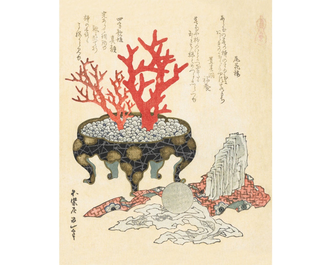 Japanese Still Life Painting Art Print, Red Coral Wall Art, Branch ...