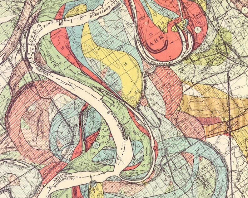 Mississippi River Meander Map print Alluvial Valley Old map | Etsy