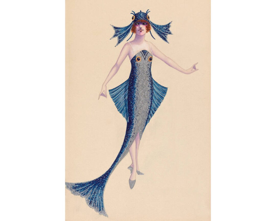 Flapper Art Print, Fish Lady, Vintage Fashion Wall Art, Fashion Poster ...