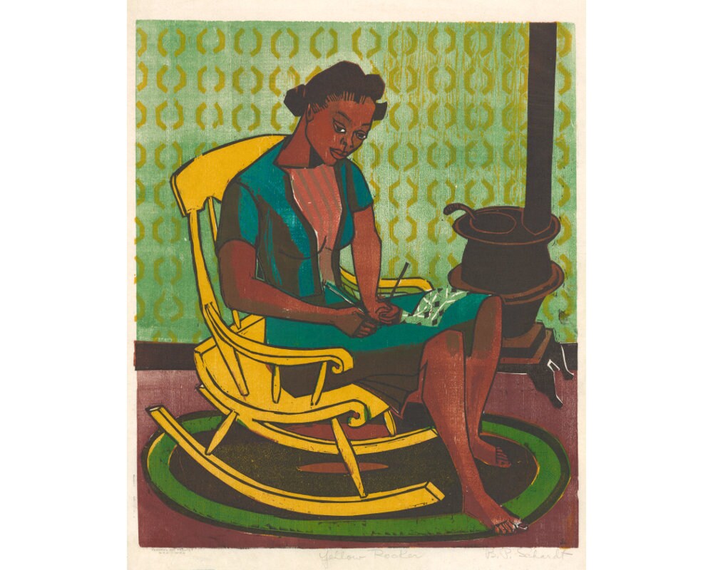 Portrait of a Black Woman Knitting Yellow Rocker Bernard P. - Etsy