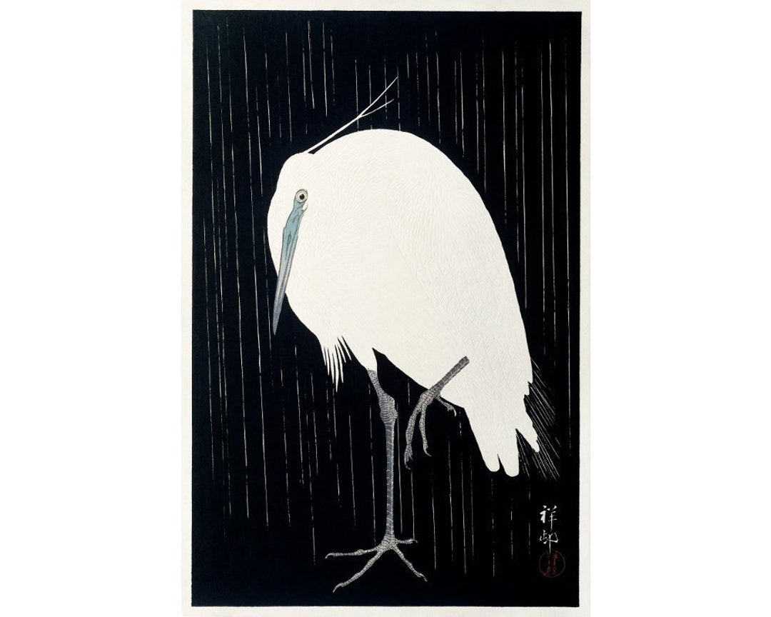 Egret in the Rain, Ohara Koson, Shoson, Vintage Japanese Woodcut Print ...