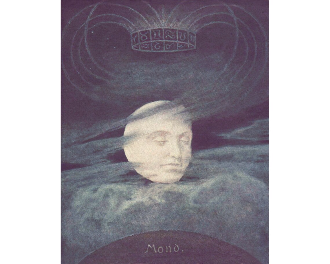 The Moon Art Print, Celestial Wall Art, Full Moon Face, Vintage Zodiac ...