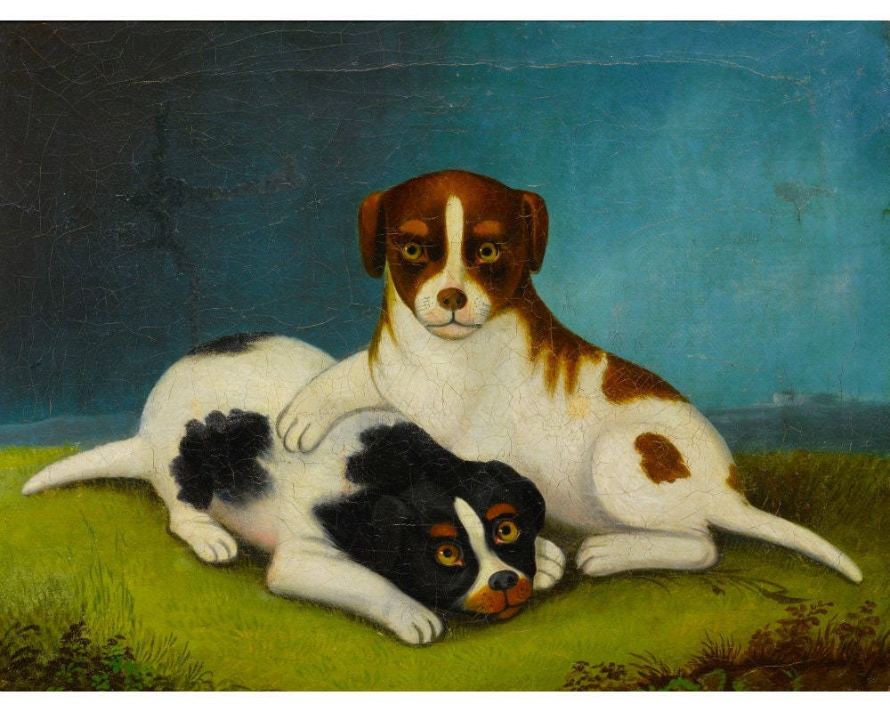 Primitive American Folk Art Painting of Two Puppies Dog Art - Etsy