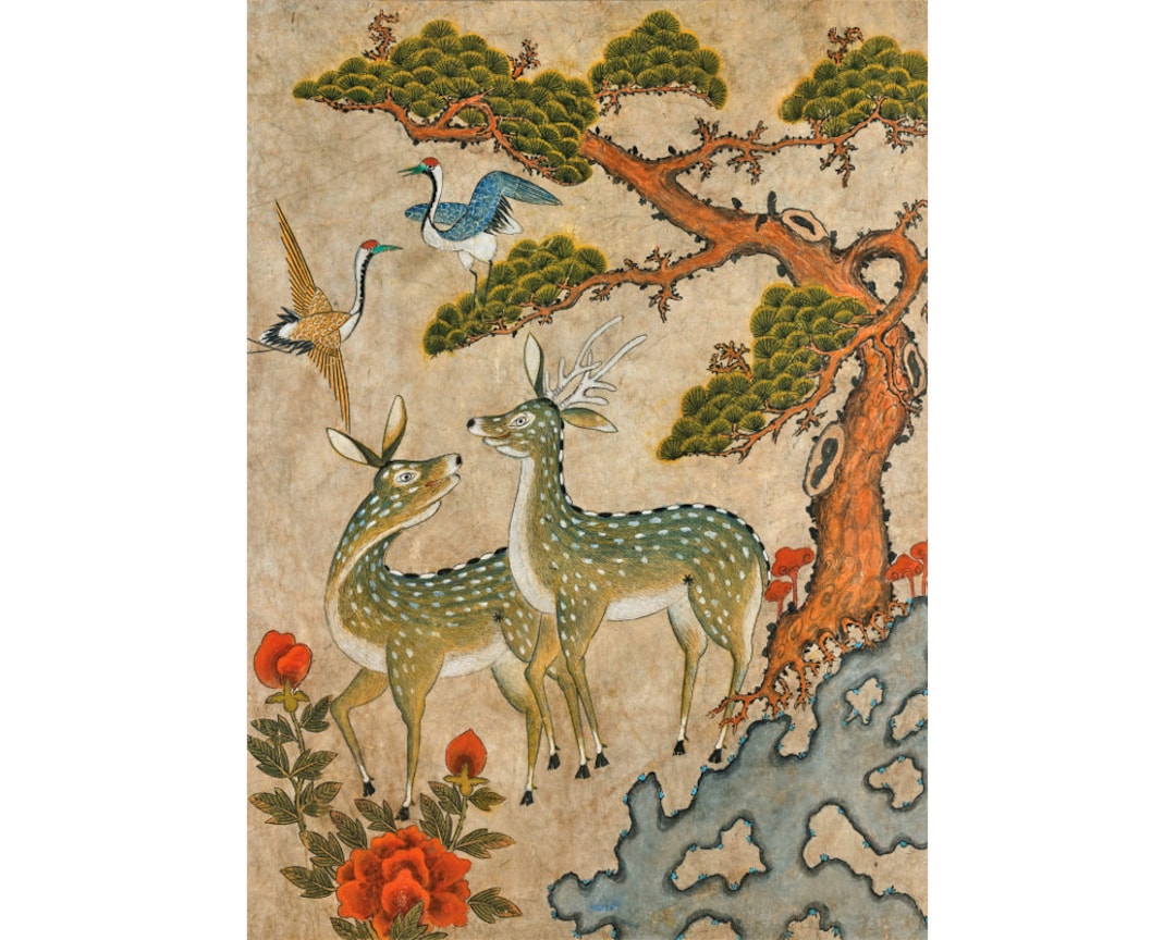 Korean Minhwa Painting Art Print, Deer, Cranes, Antique Asian Folk Art ...