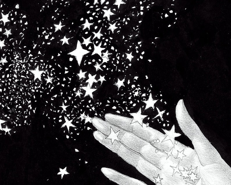 Hand and Stars Art Print, Celestial Wall Art, Black and White Drawing ...