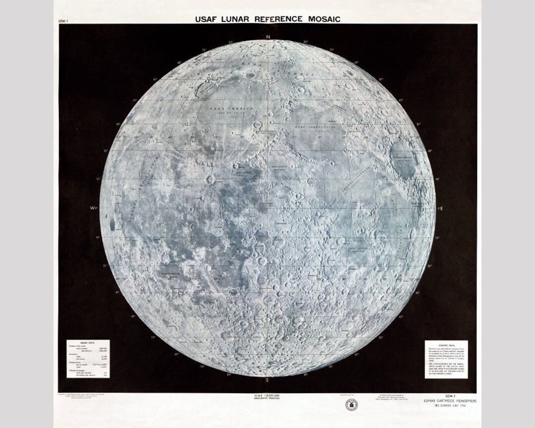 Large Map of the Moon, Vintage Moon Map Print, Celestial Diagram ...