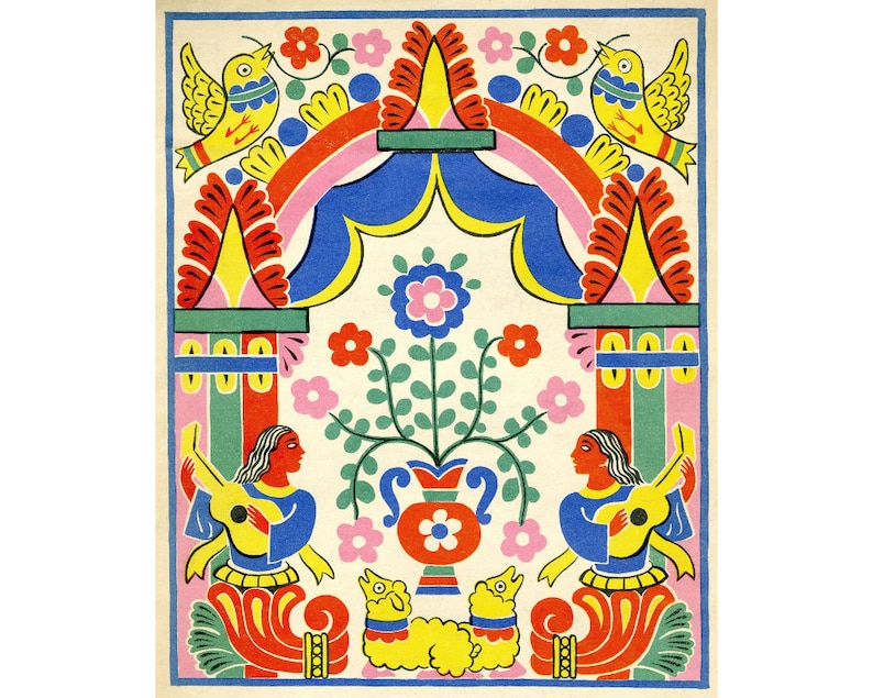 Vintage Mexican folk art print Antique Mexico wall art | Etsy