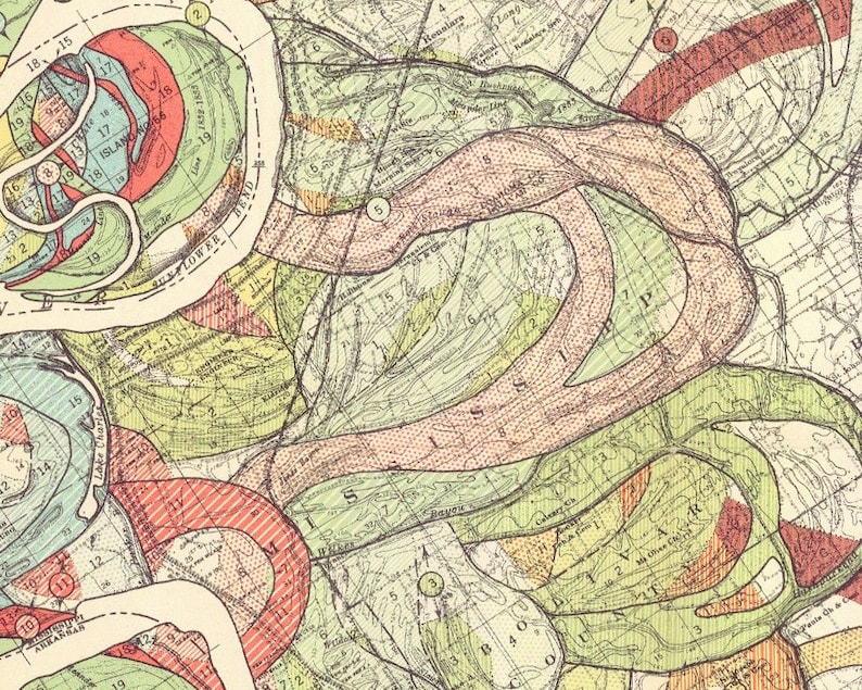 Mississippi River Meander Map print Alluvial Valley Old map | Etsy