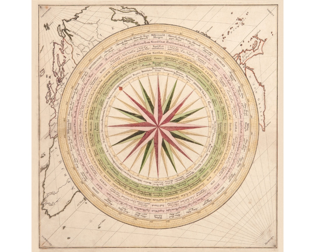 Antique Compass Rose Map Art Print, Vintage Map Wall Art, Maritime ...