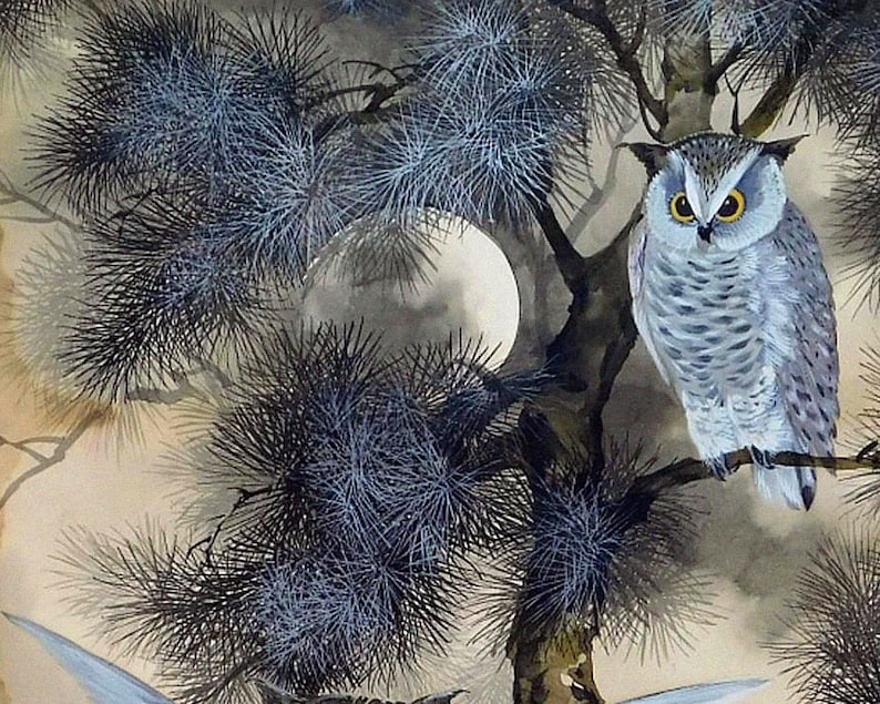 Vintage Owl Painting, Japanese Owls and Full Moon Art Print, Retro ...