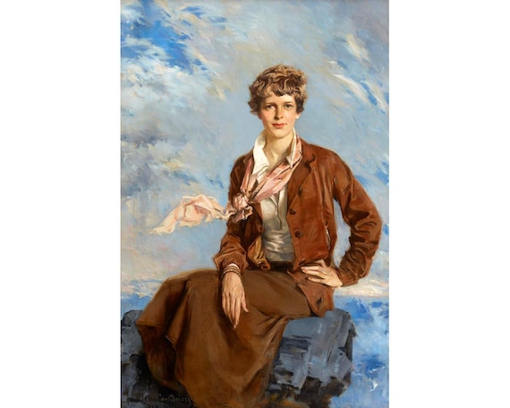 Amelia Earhart portrait art print Antique oil painting of | Etsy