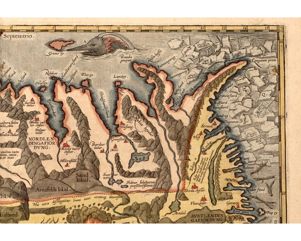 Medieval Map of Iceland, Sea Monsters, Antique Map Reproduction ...