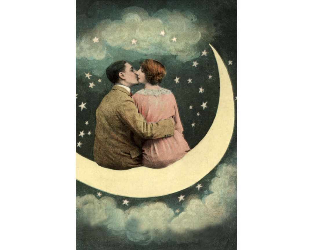 Vintage Crescent Moon With Couple Kissing Photograph Art Print, Antique ...