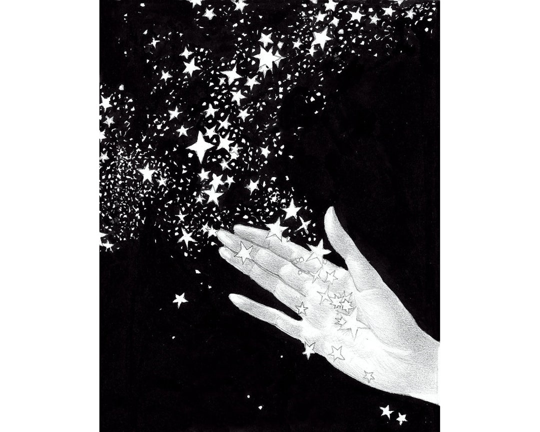 Hand and Stars Art Print, Celestial Wall Art, Black and White Drawing ...