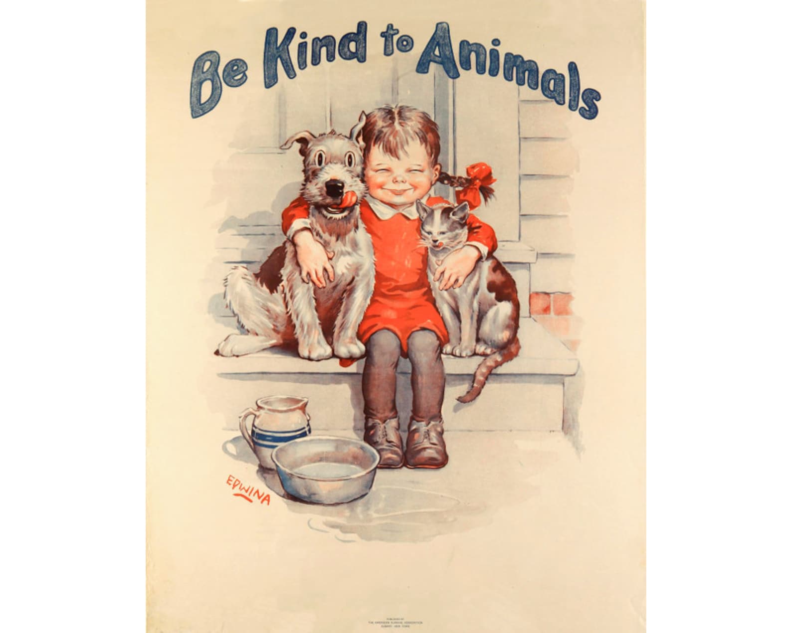 Vintage Be Kind to Animals Poster, Little Girl, Dog and Cat Wall Art ...