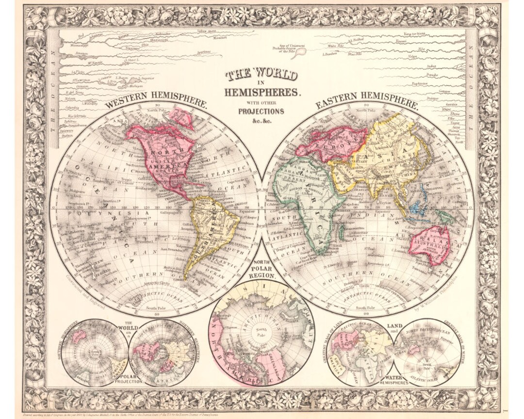 Hemispheres World Map, Antique World Map Poster, Old World Map Large ...