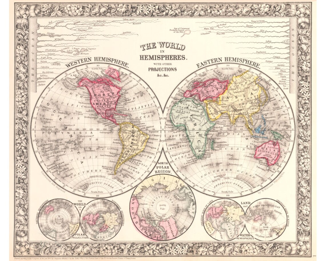 Hemispheres World Map, Antique World Map Poster, Old World Map Large ...