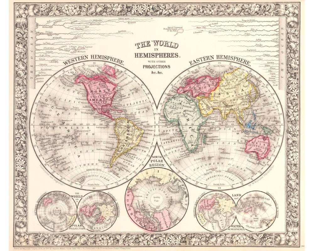 Mapa del mundo de los hemisferios Cartel del mapa del mundo - Etsy México