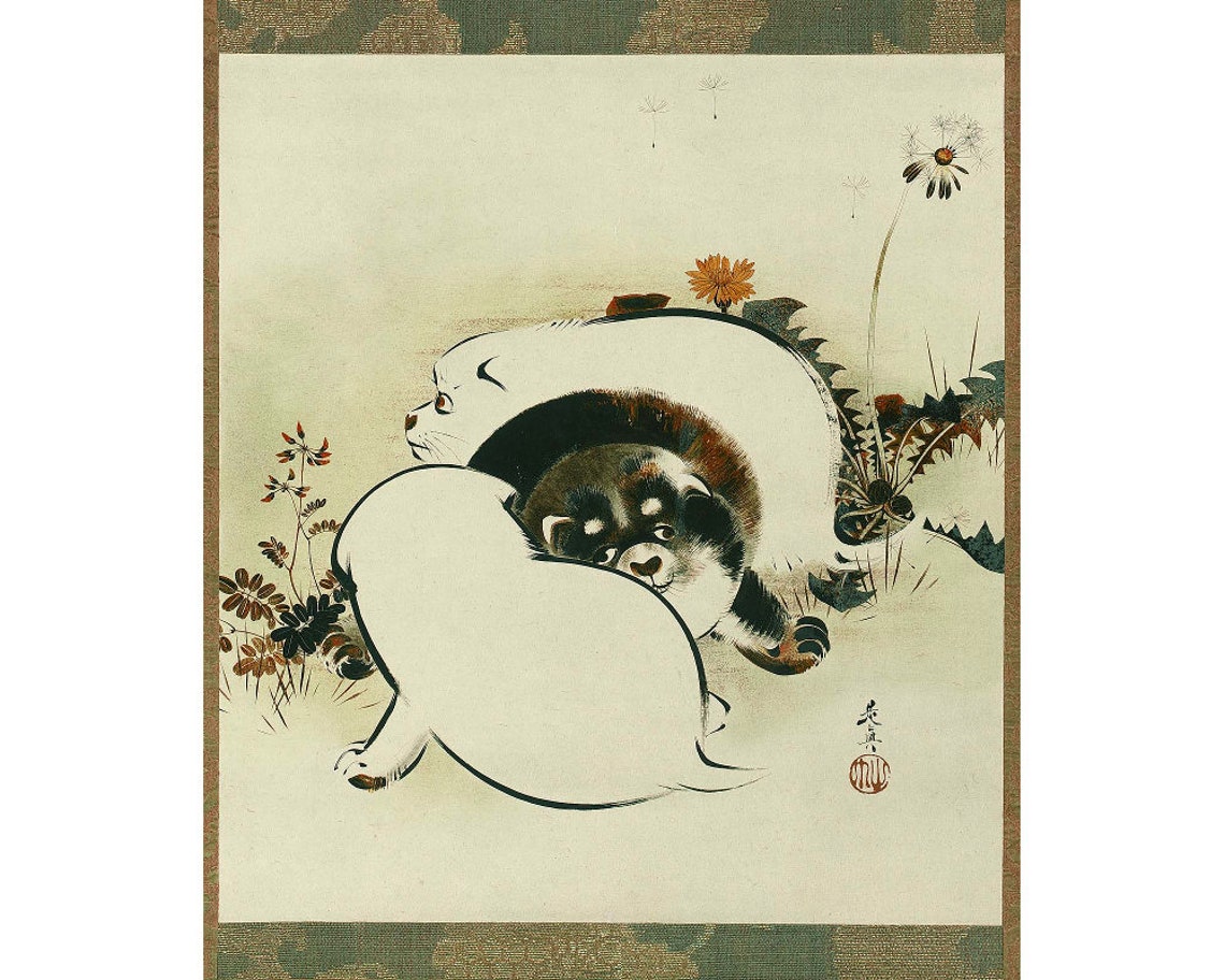 Japanese Dog Painting Art Print, Puppies, Puppy Wall Art, Antique ...